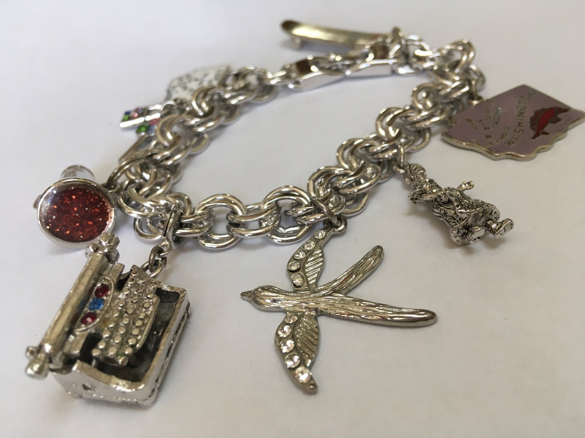 MONET Charm Bracelet Silver Tone Double Curb Chain Mid - Etsy