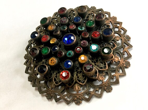 Czech Multi Color Rhinestone Filigree Brooch – Big La… - Gem