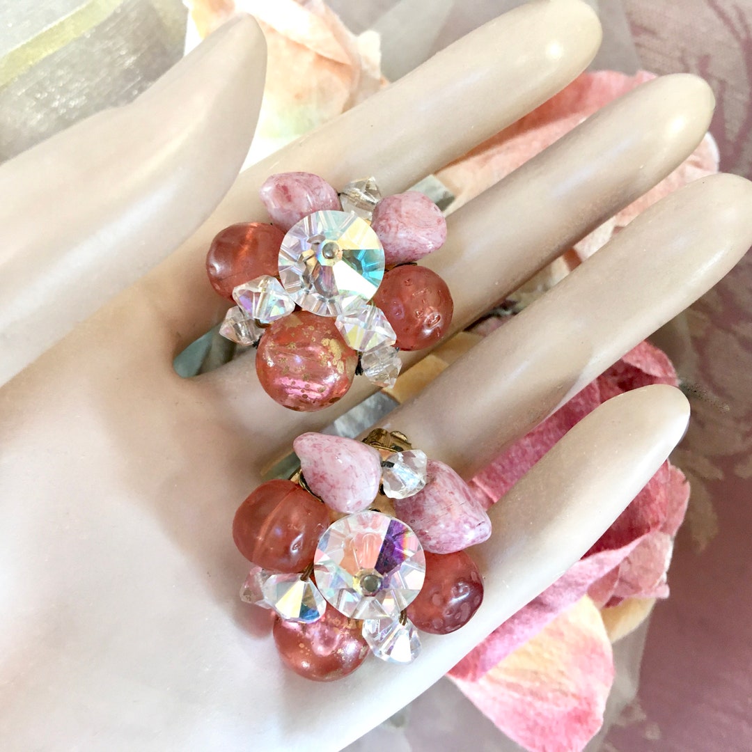 Pink Crystal Art Glass Cluster Clip on Earrings Polished Agate Rock ...