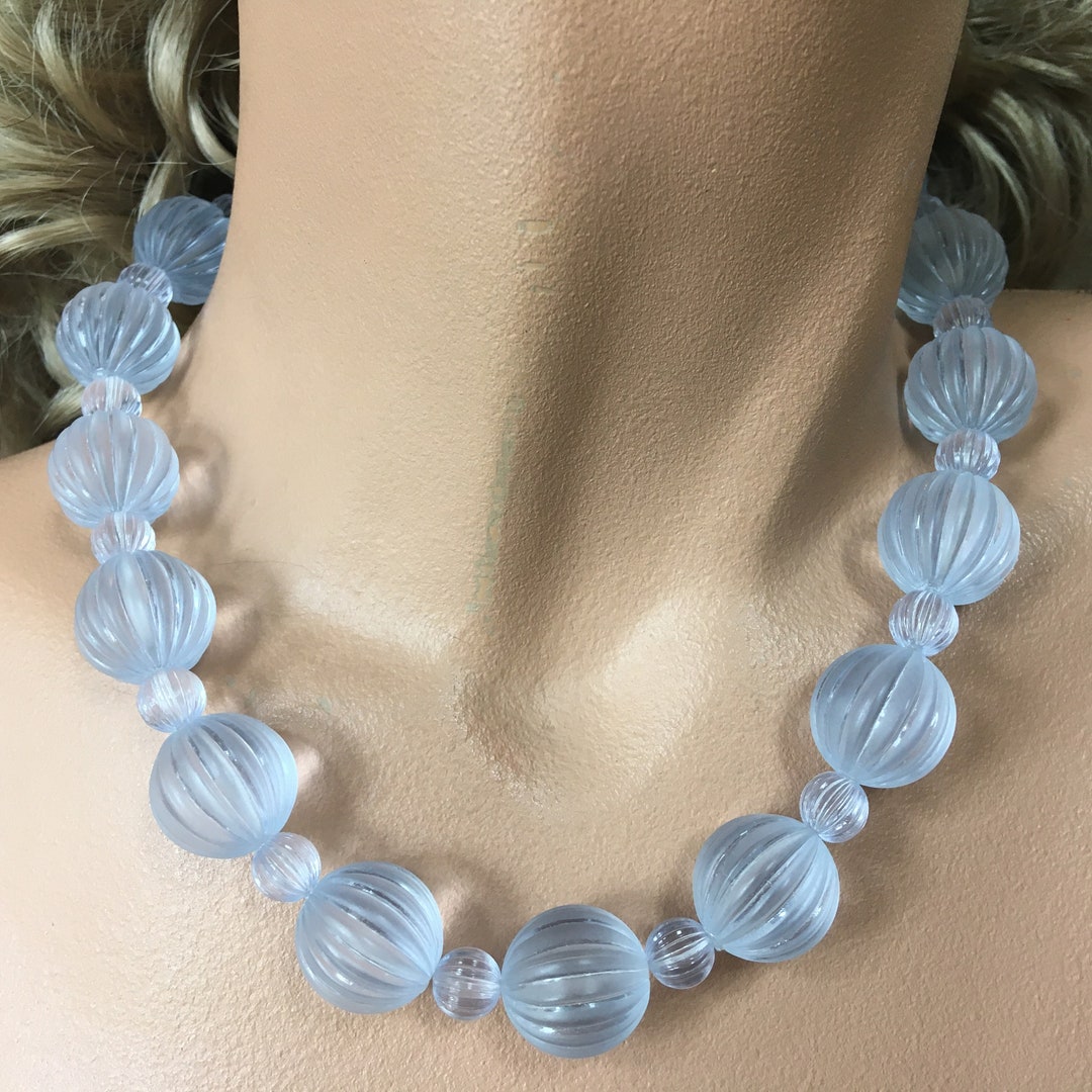 Monet Ice Blue Lucite Beaded Choker Necklace Big Ribbed Melon Shaped ...