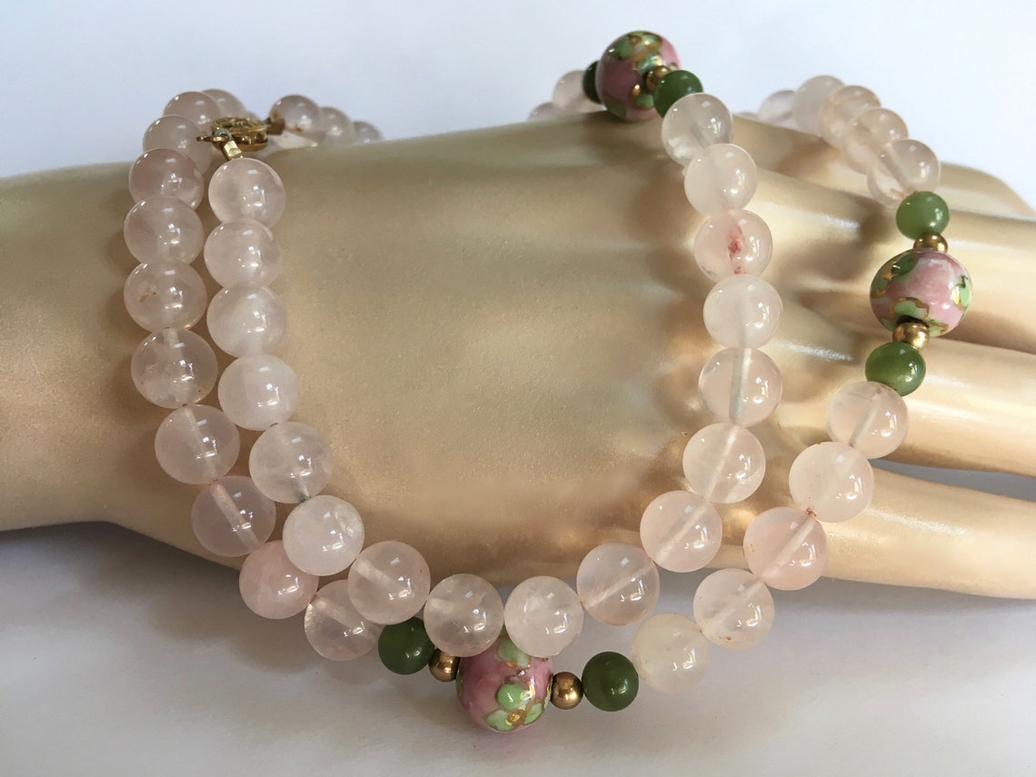 Rose Quartz Jade Bead Necklace Natural Pink Stone & Hand Painted ...
