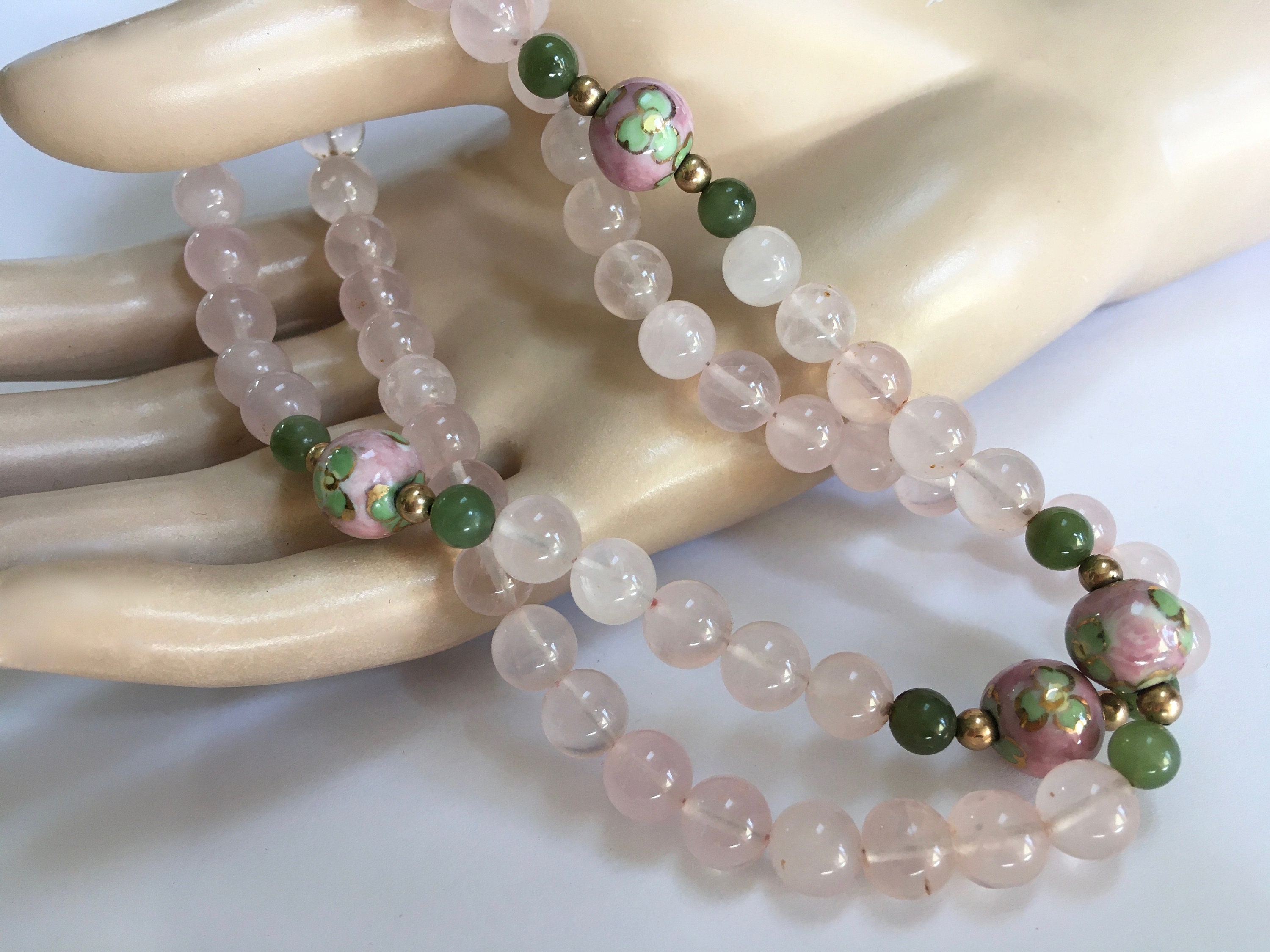 Rose Quartz Jade Bead Necklace Natural Pink Stone & Hand Painted ...