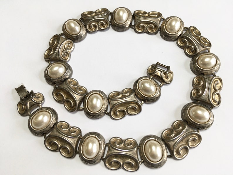 Ionic Scroll Necklace Textured Scrolls & Pearl Cabochon Links Silver ...