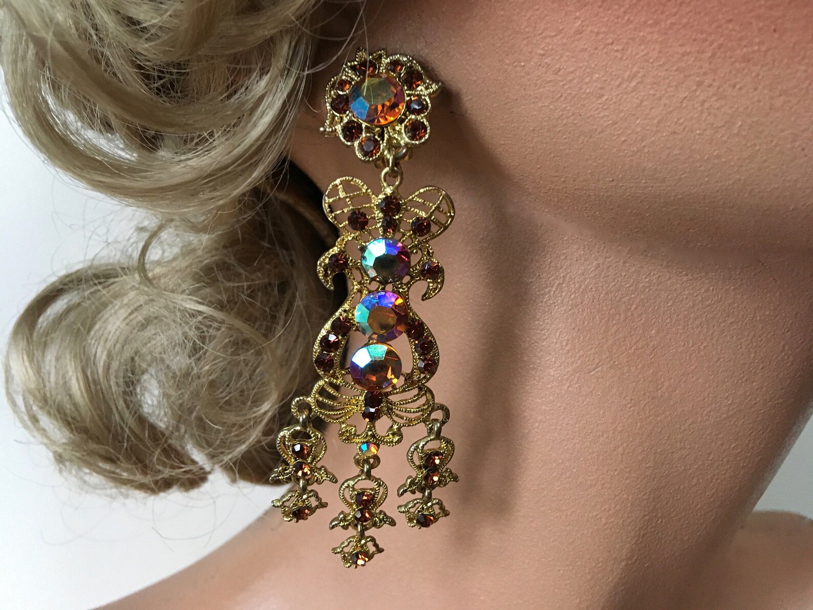 Chandelier Earrings Long Filigree AB Crystal Dangles Large - Etsy