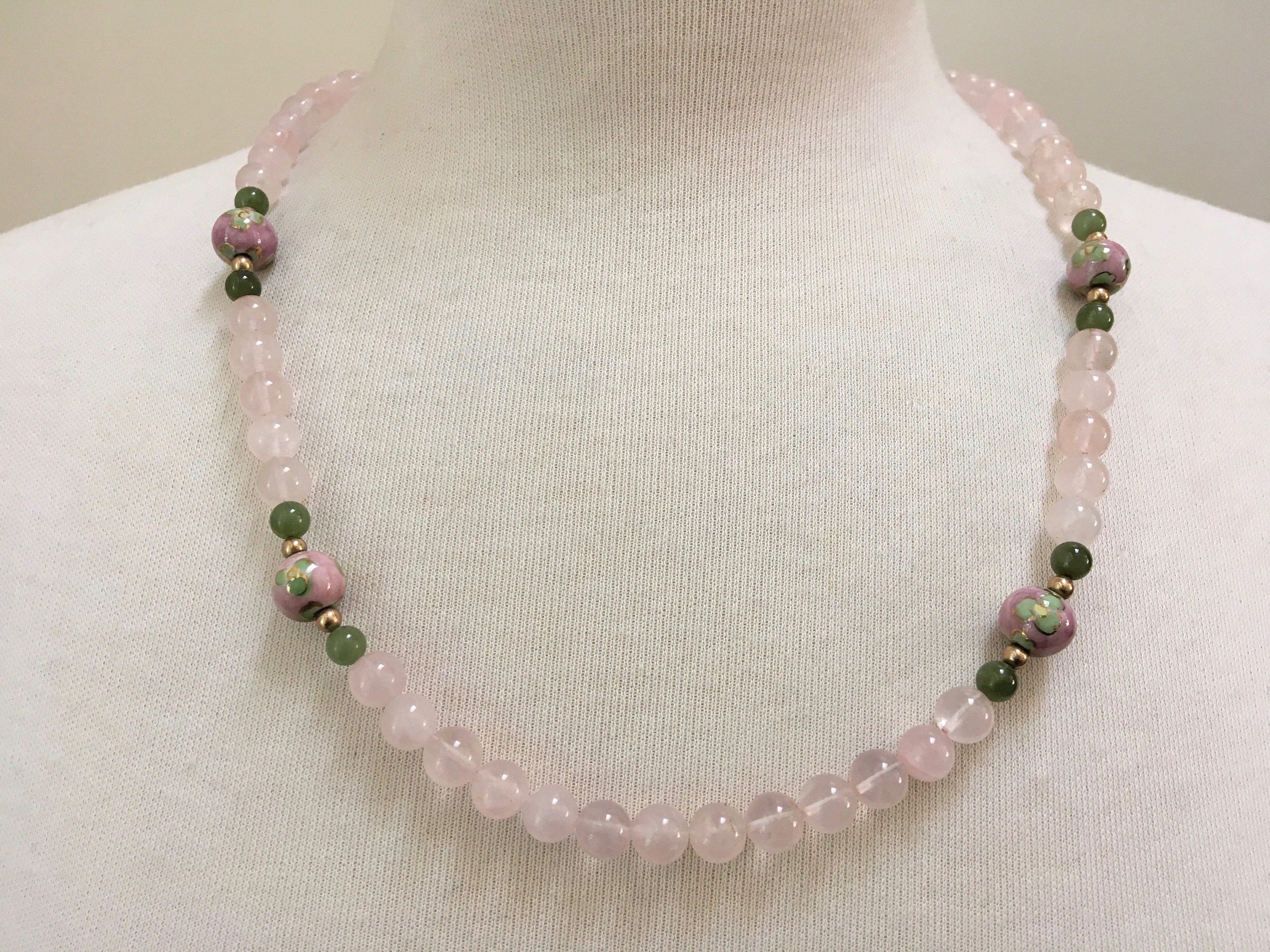 Rose Quartz Jade Bead Necklace Natural Pink Stone & Hand Painted ...