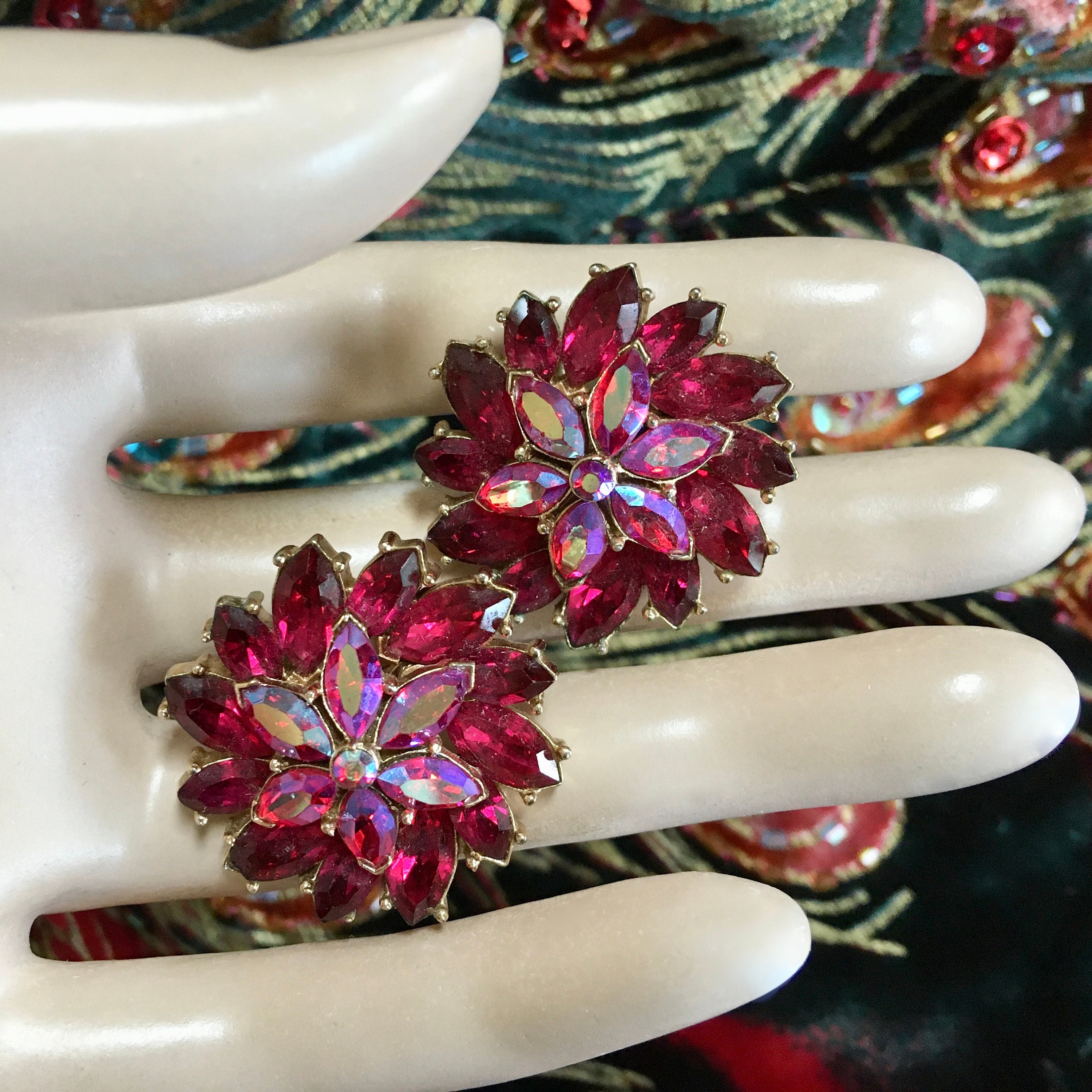 Fuchsia Crown Trifari Ruby Red Rhinestone Clip on Earrings Layered ...