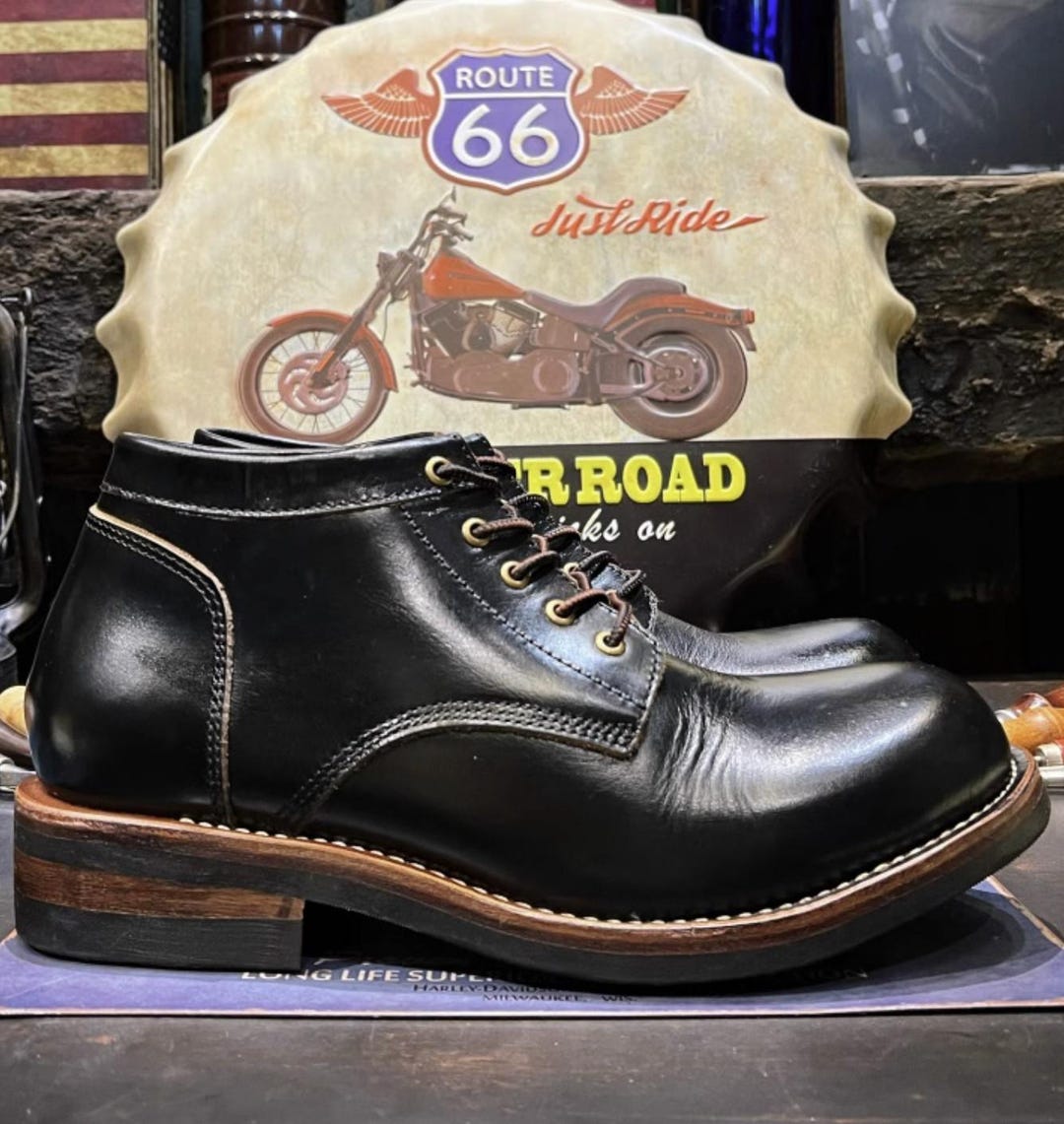 Men Black Retro Mid-cut Goodyear Handmade Cowhide Round Toe Leather ...