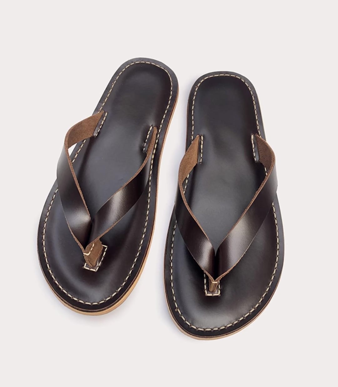 Solid Hand-sewn Genuine Leather Flip-flops Indoor and Outdoor Sandals ...
