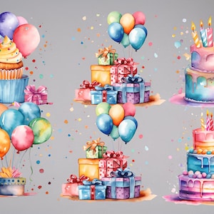 Watercolor Birthday Clipart Bundle, 30 PNG Cakes Balloons Gifts, Party ...