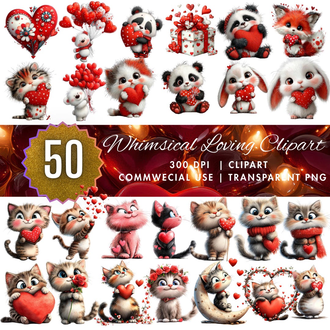 50 Whimsical Valentine Animals Clipart Bundle, Cute Love Cats & Bears ...