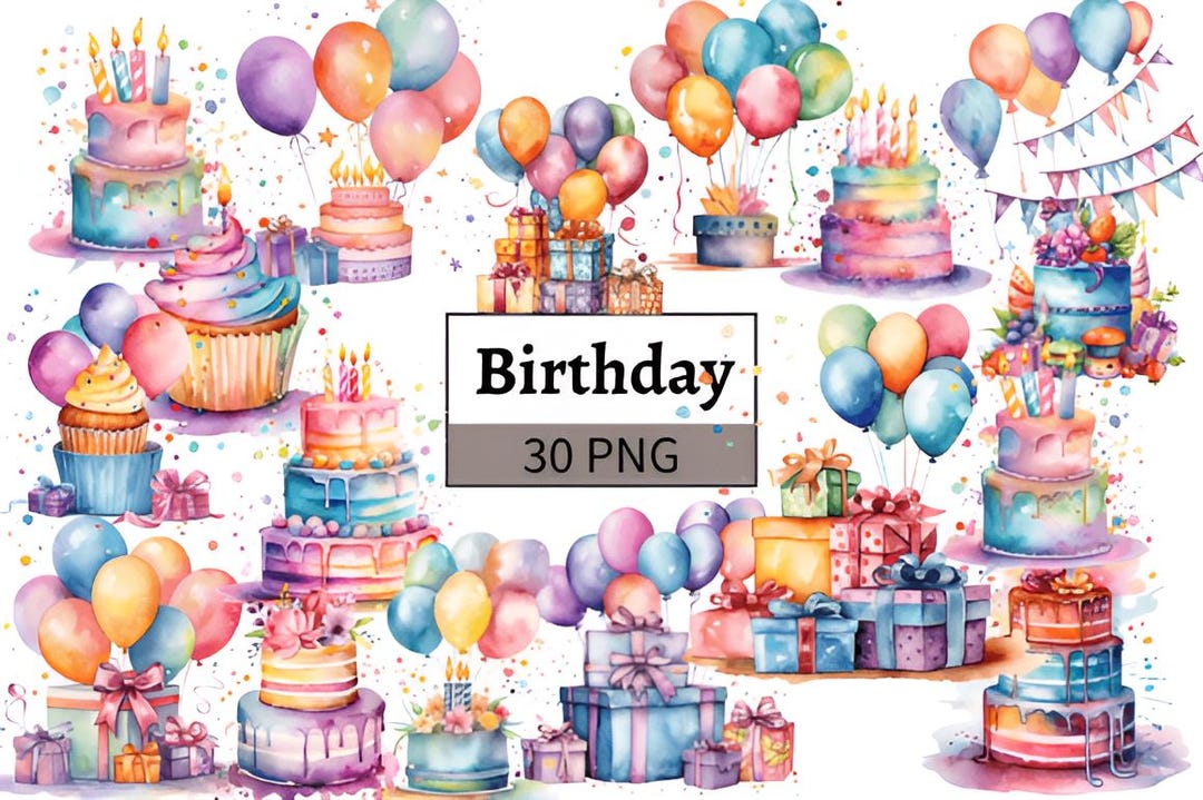 Watercolor Birthday Clipart Bundle, 30 PNG Cakes Balloons Gifts, Party ...