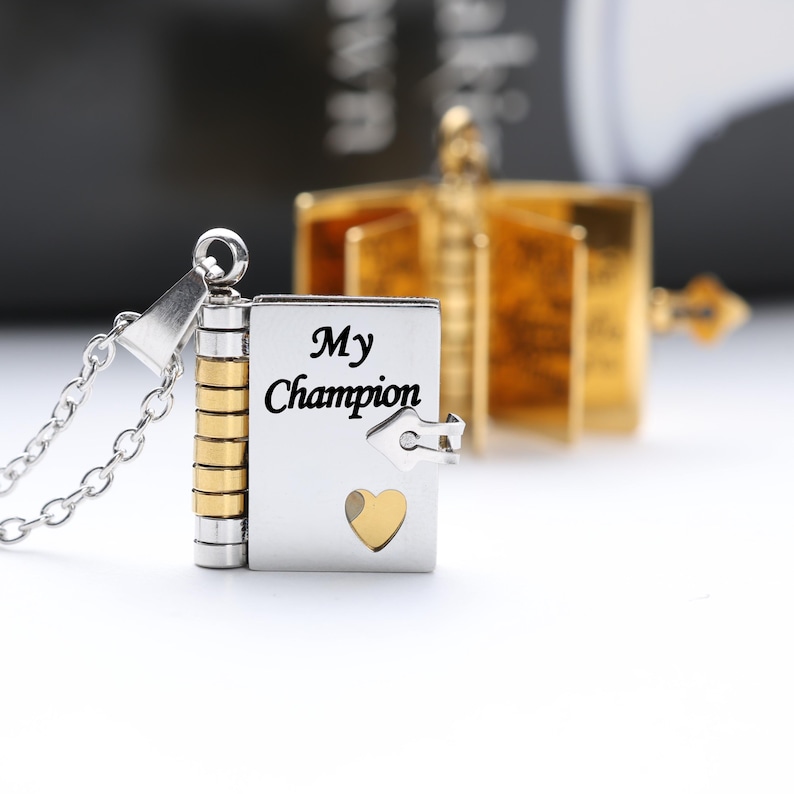 My Champion Book Necklace for Son – Custom Name Engraved Cover, Mini ...