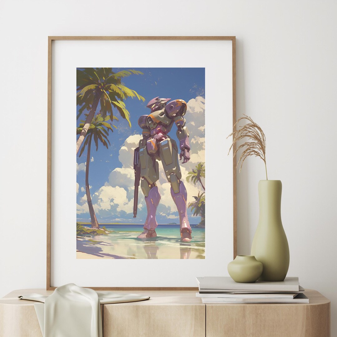 80s Synthwave & Retrowave Mecha Sci-fi Art Print - Beach Sunset Mecha ...