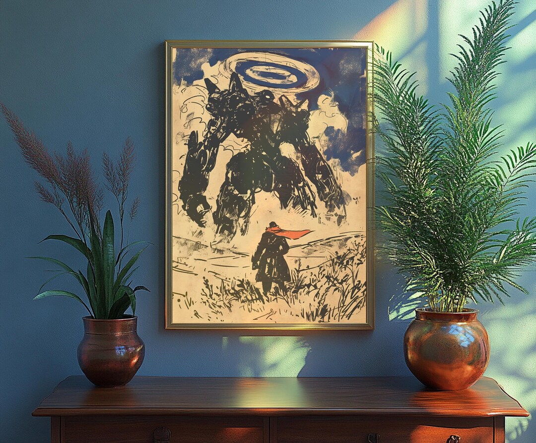 Vintage Mecha Warrior Art Print - Retro Sci-fi Robot Battle Poster ...