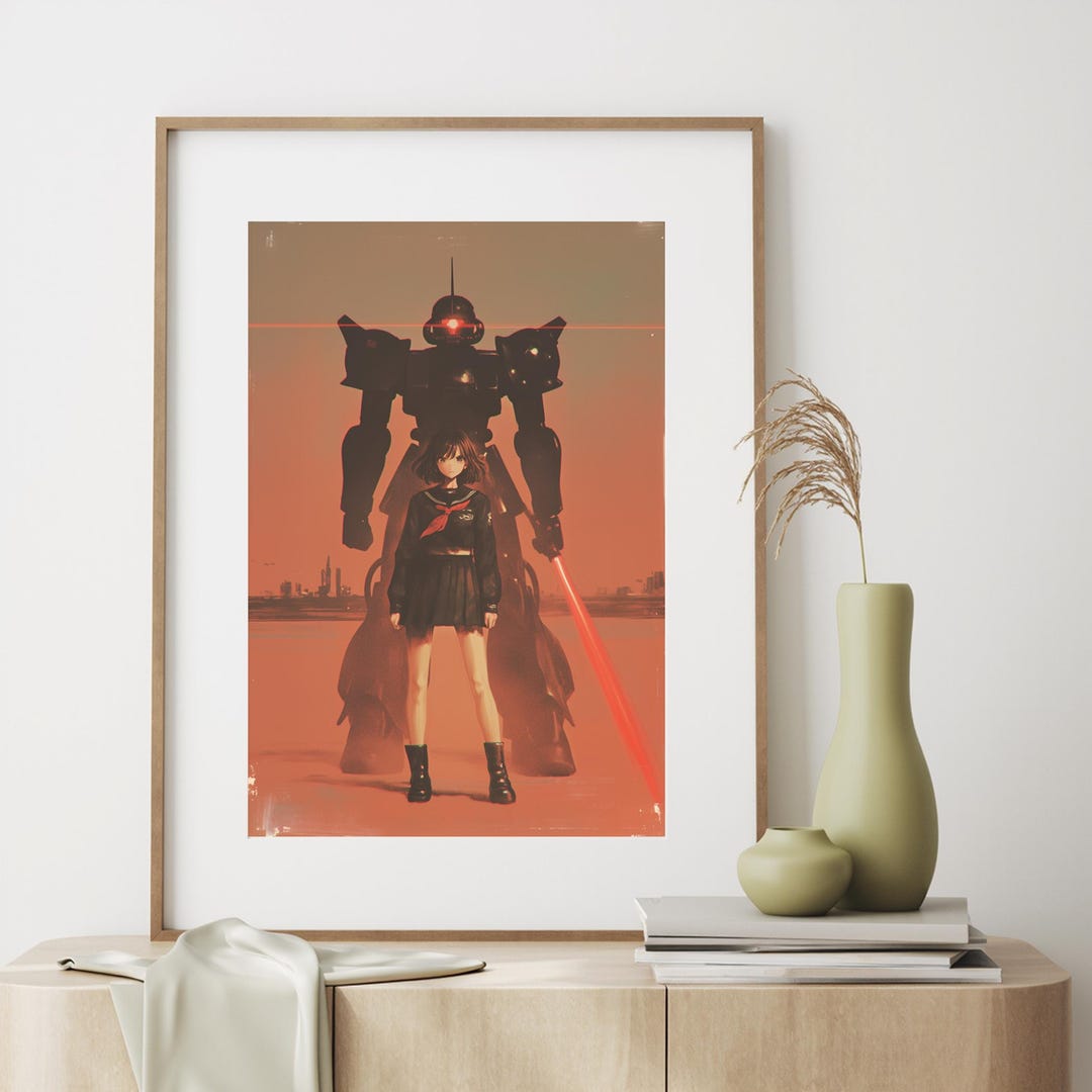 Mecha Anime Art Print - Futuristic Sci-fi Girl & Robot Poster - Retro ...