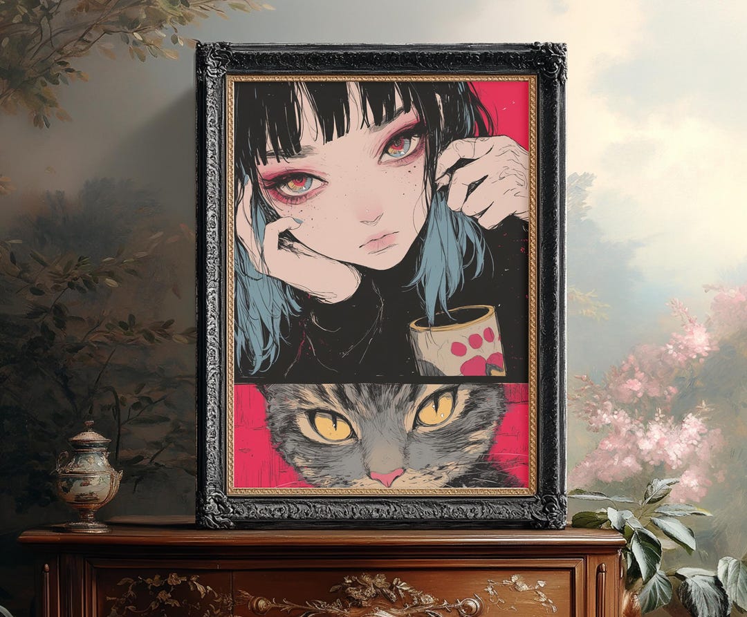 Moody Anime Girl & Cat Poster - Sad Girl Japanese Art Print - Anime ...