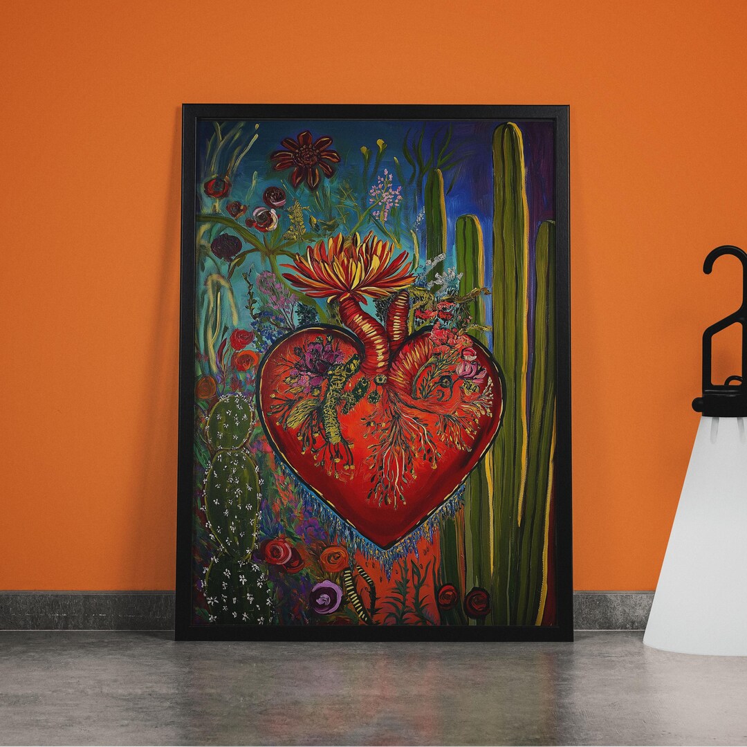 Mexican Heart Wall Art: Corazon Oil Painting, Cactus Landscape - Etsy