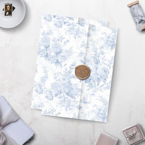 French Blue Toile Wedding Vellum Wrap, Light Blue Vellum Jacket, Floral ...
