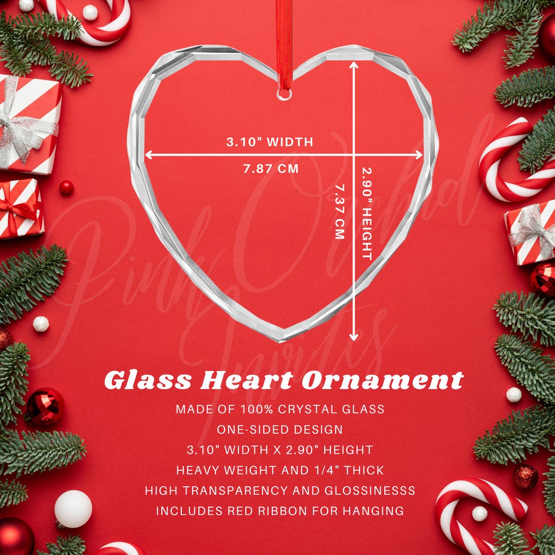 Glass Heart Ornament Size Chart and Description Mockup, One-sided Heart ...