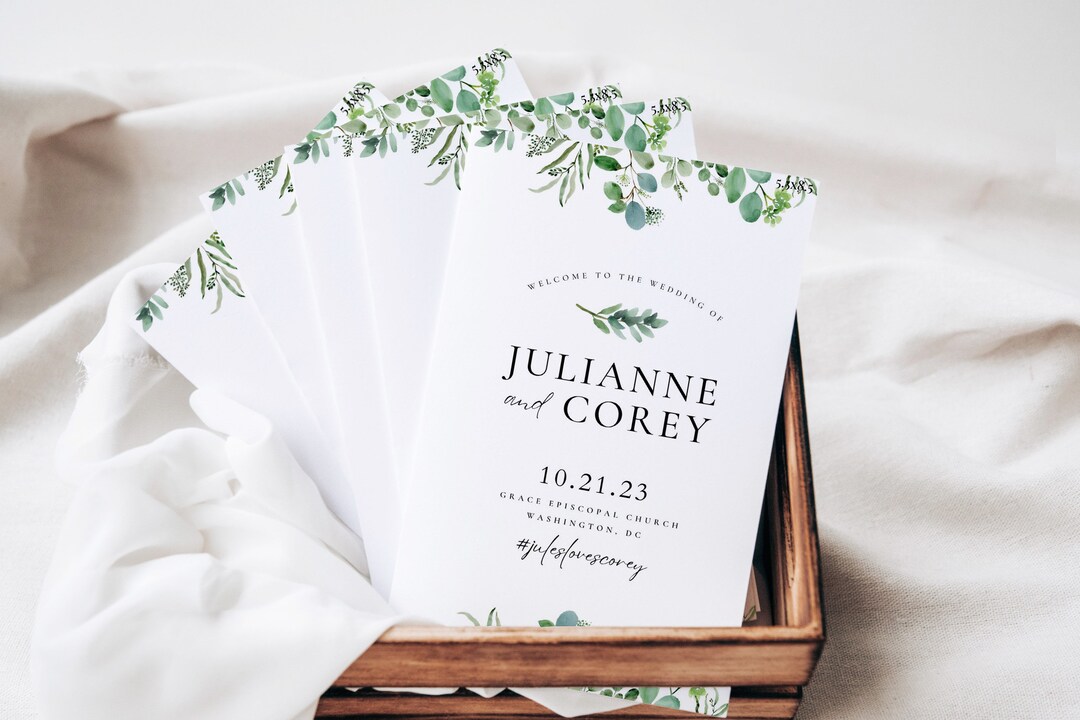 Church Wedding Ceremony Program Template, Greenery Wedding Program ...