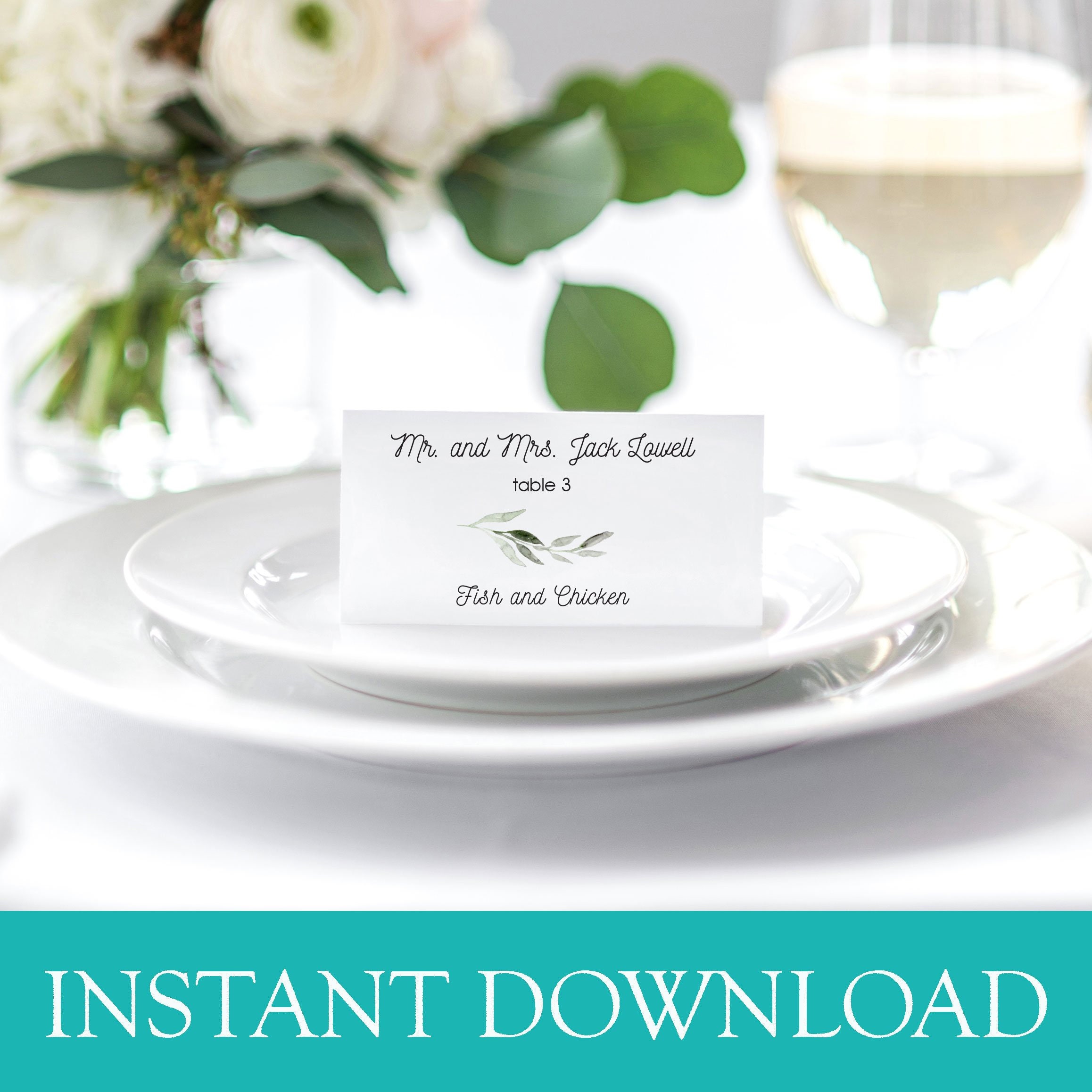 Place Card with Meal Choice Place Card Template Greenery | Etsy