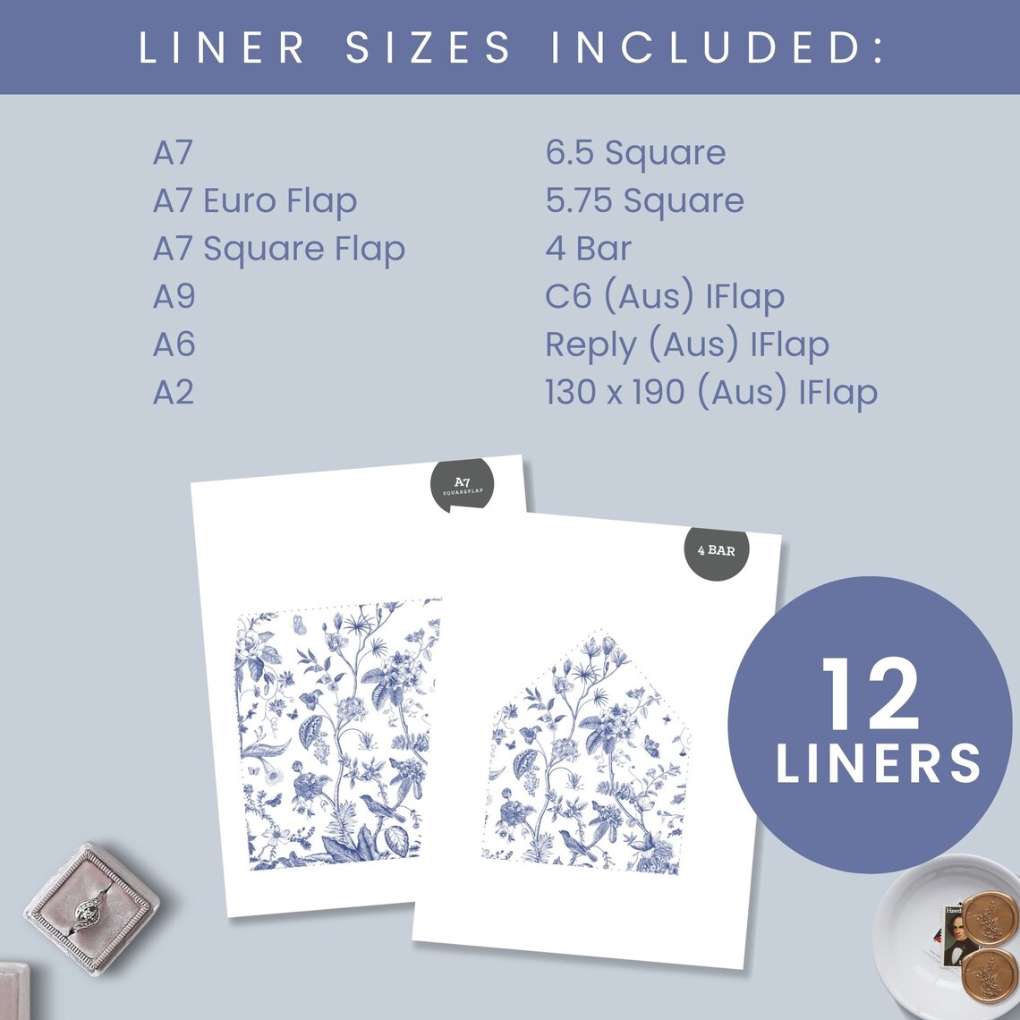 12 PRINTABLE Blue ENVELOPE LINERS, French Blue Toile Liners, A7 Euro ...