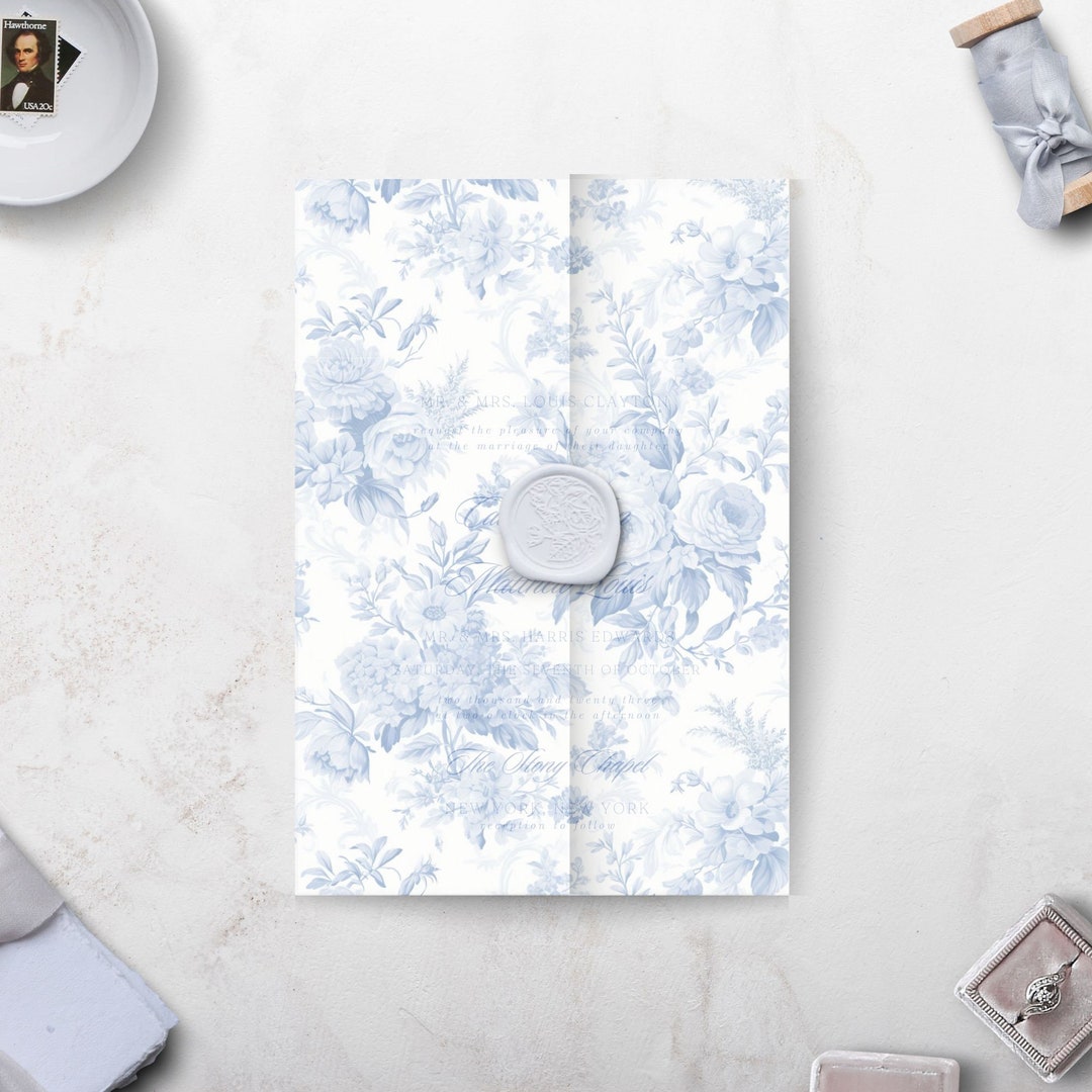 French Blue Toile Wedding Vellum Wrap, Light Blue Vellum Jacket, Blue ...