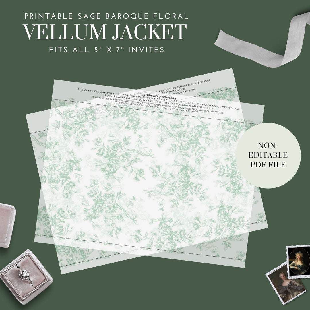 PRINTABLE Sage Green Vellum Wrap, Floral Vellum Jacket for 5 X 7 ...