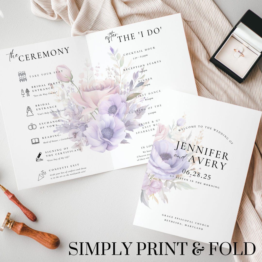 Lavender Wedding Program, Floral Wedding Program Template, Printable ...