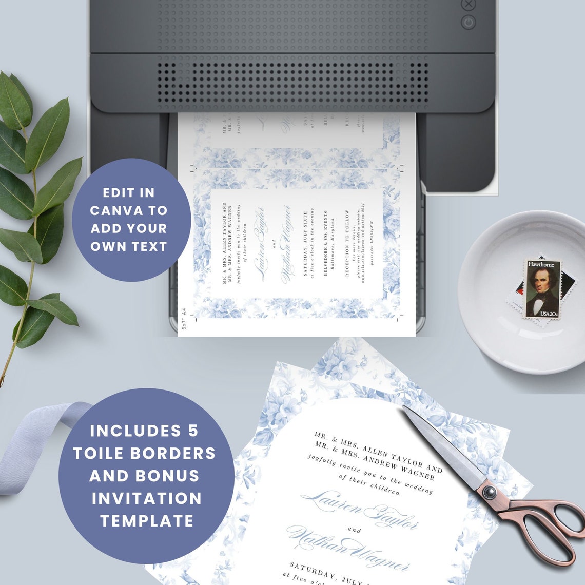 French Blue Toile Borders for 5 X 7 Invitations, Blue Toile Wedding ...