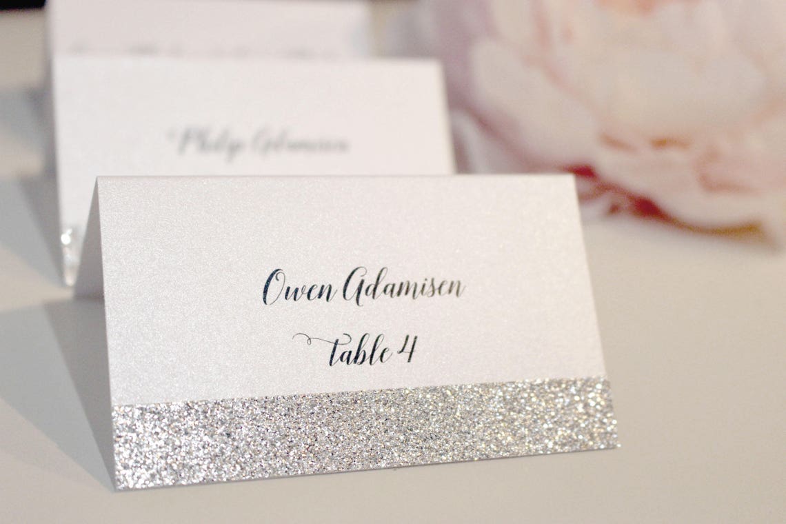 Silver Glitter Wedding Place Cards, Silver Place Card, Seating Cards ...