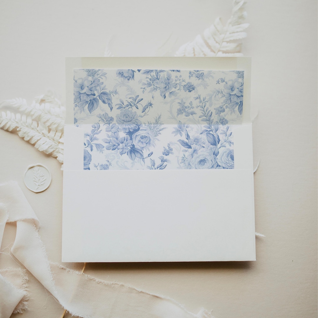 French Blue Toile Envelope Liner, Dusty Blue, Victorian Envelope Liner ...
