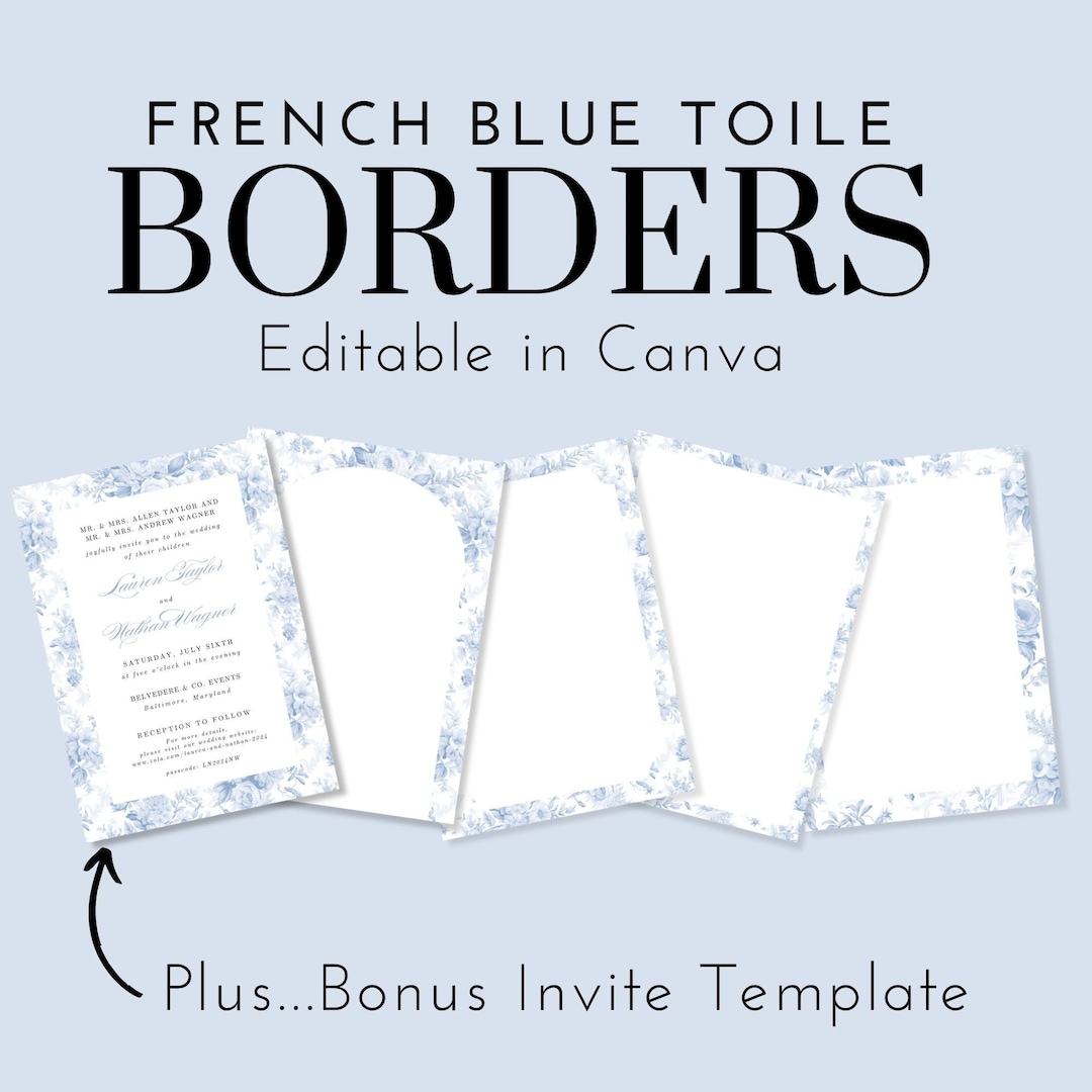 French Blue Toile Borders for 5 X 7 Invitations, Blue Toile Wedding ...