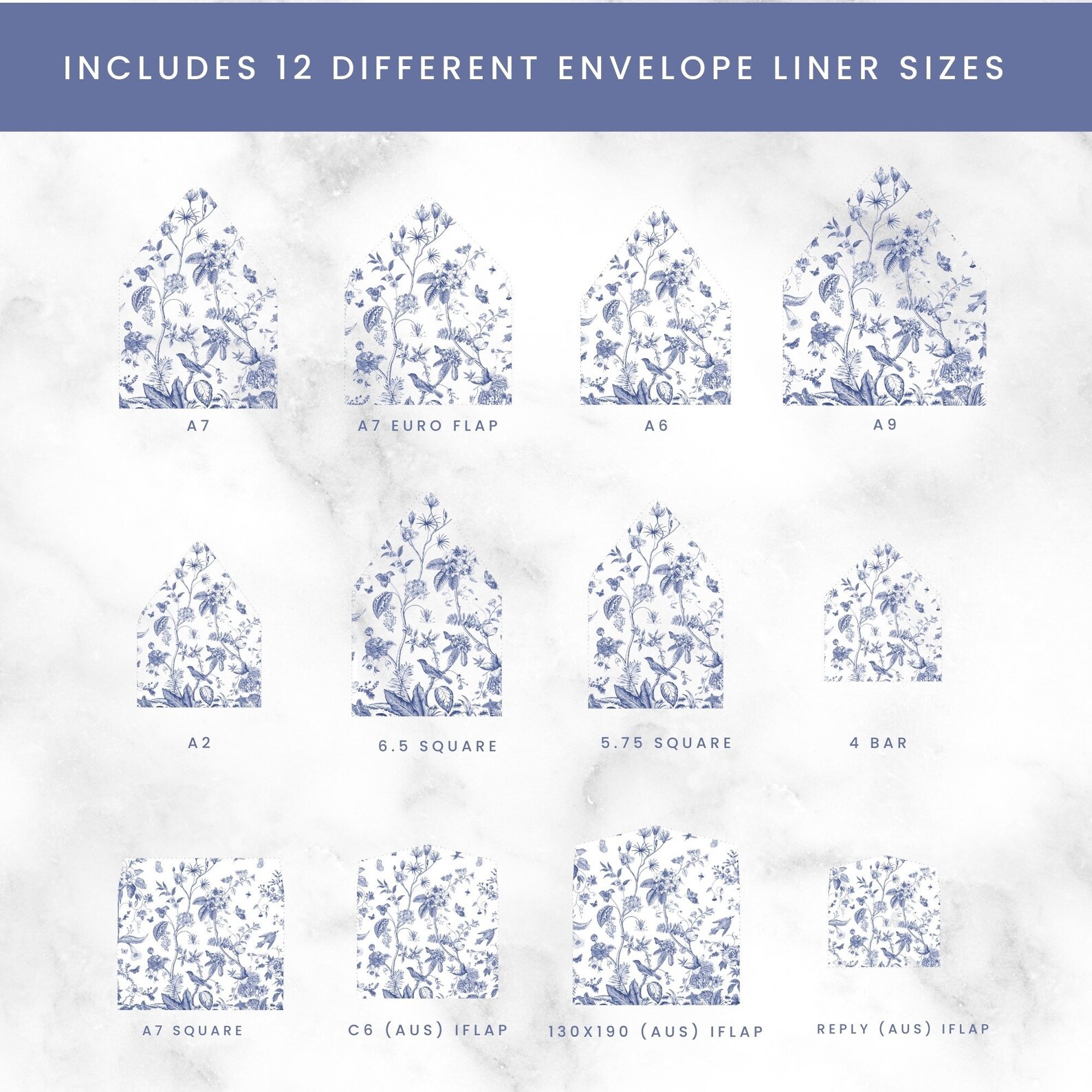 12 PRINTABLE Blue ENVELOPE LINERS French Blue Toile Liners - Etsy