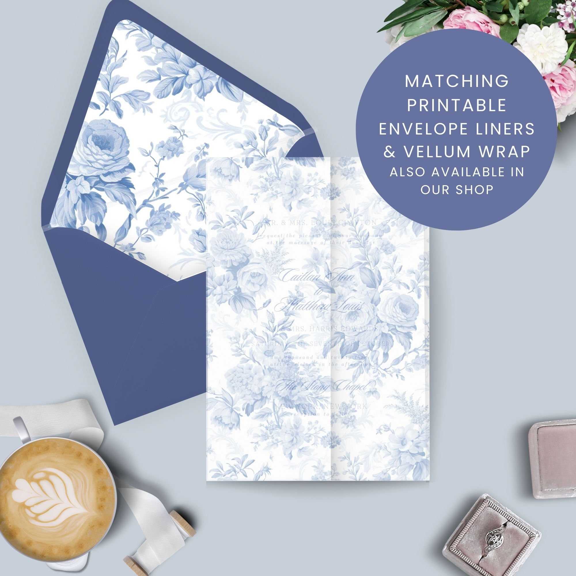 French Blue Toile Borders for 5 X 7 Invitations, Blue Toile Wedding ...