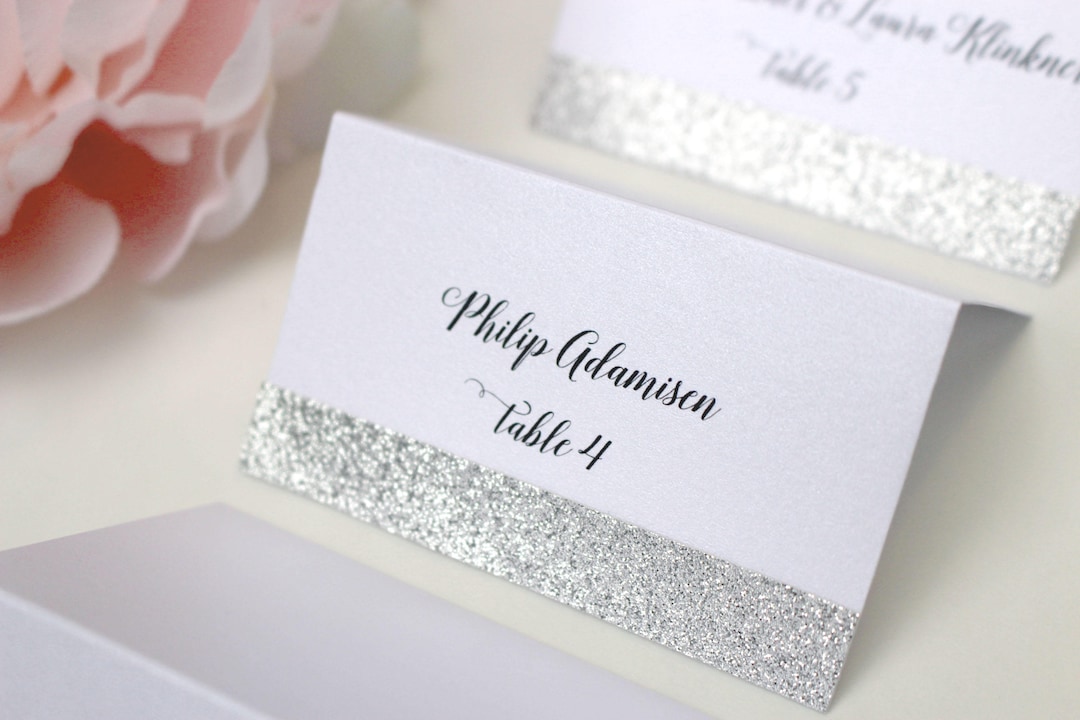 Silver Glitter Wedding Place Cards, Silver Place Card, Seating Cards ...