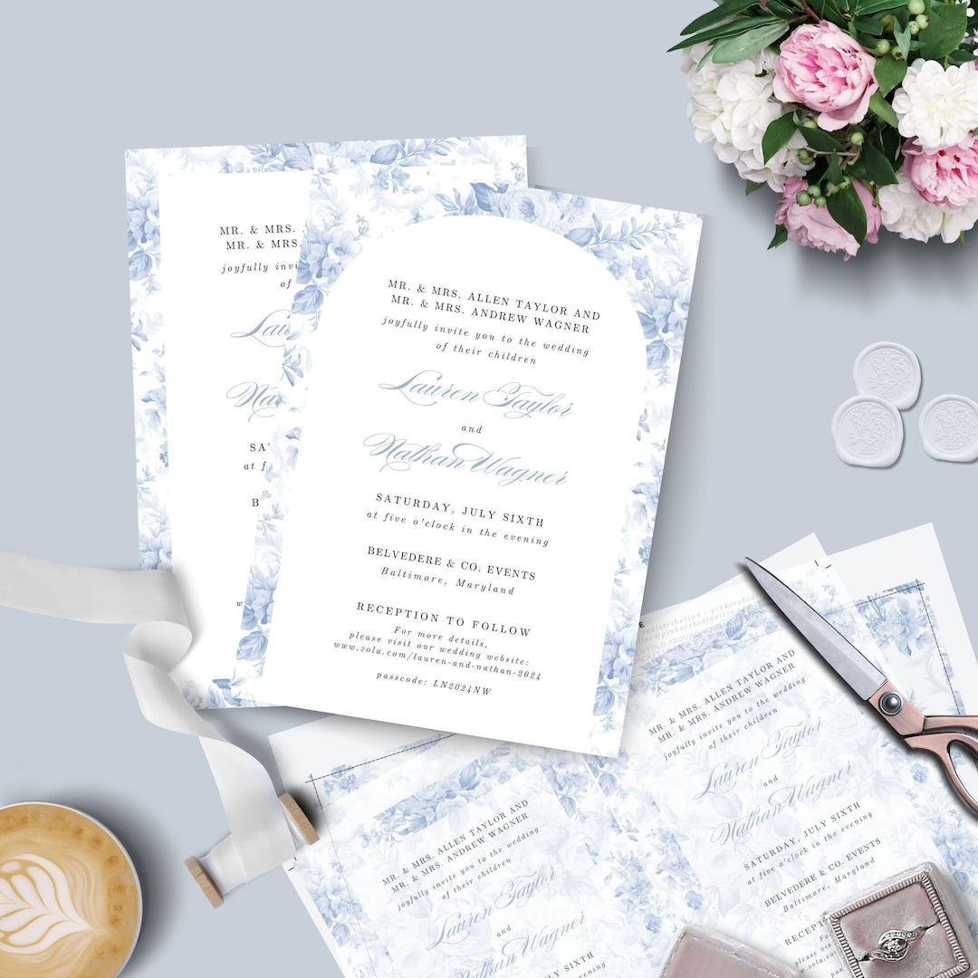 French Blue Toile Borders for 5 X 7 Invitations, Blue Toile Wedding ...
