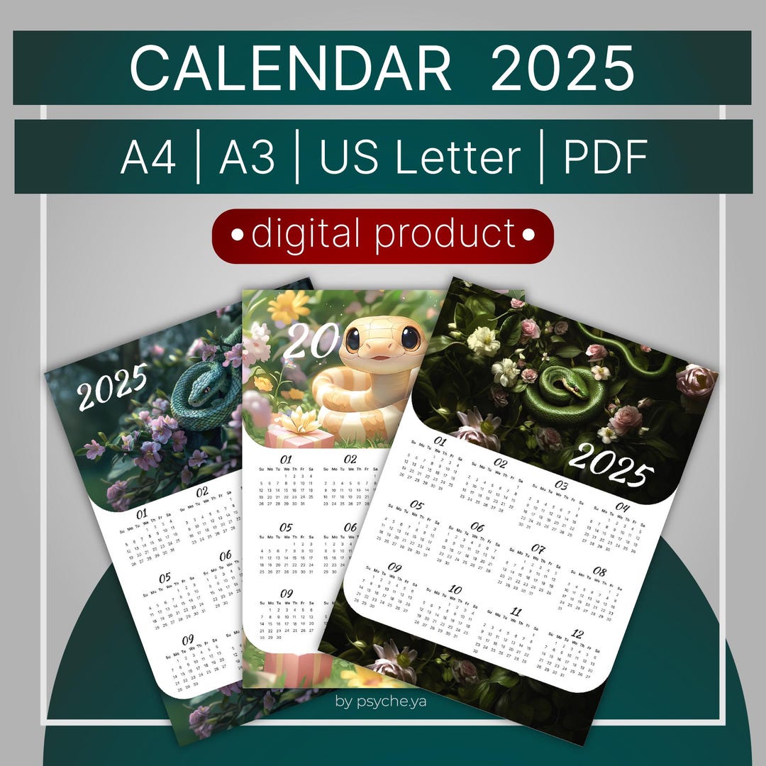 2025 Snake Yearly Calendar – Printable Digital PDF, A3, A4, US Letter ...