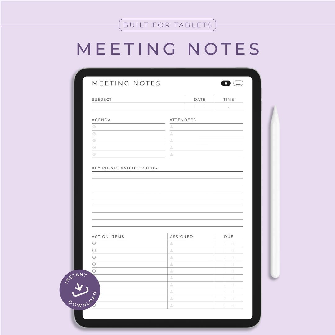 Digital Meeting Notes Template, Meeting Minutes, Hyperlinked iPad ...