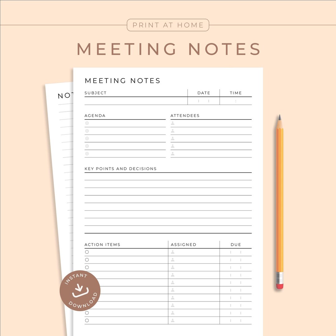 Printable Meeting Notes Template, Meeting Minutes, Business Agenda ...