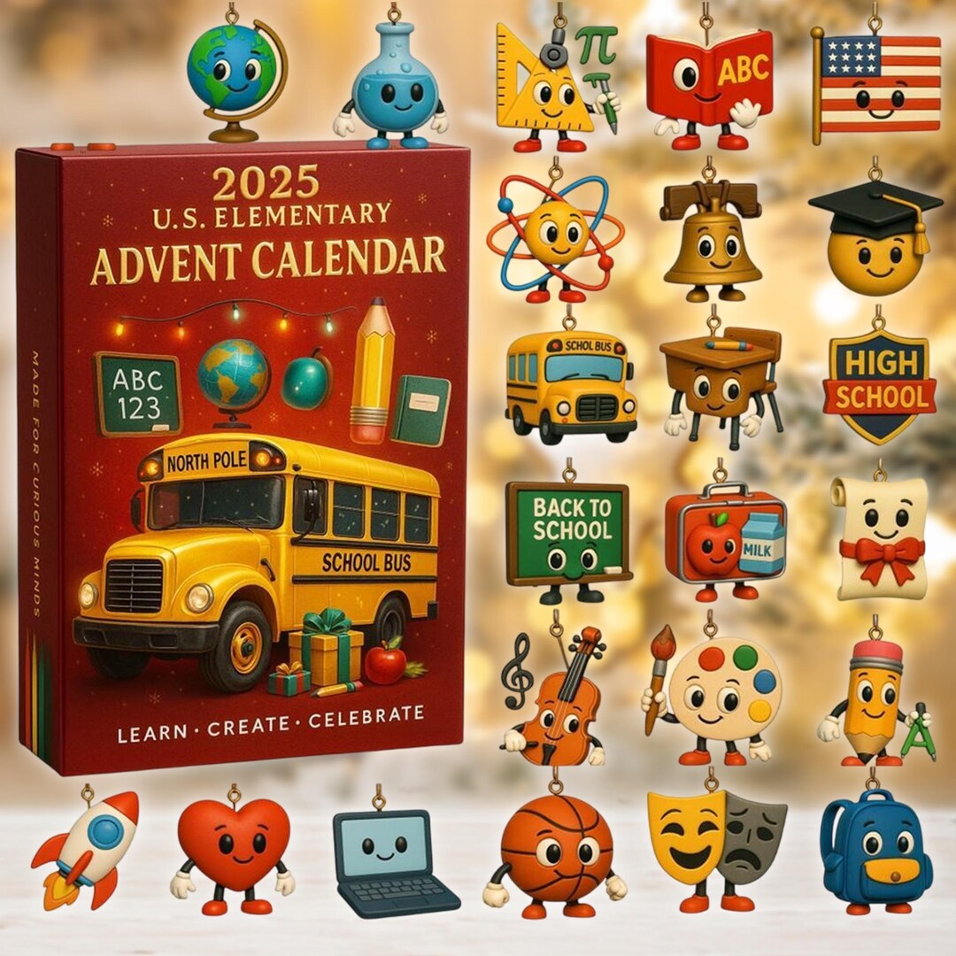 Elementary School Advent Calendar 2025, Teacher Student Ornaments Set ...