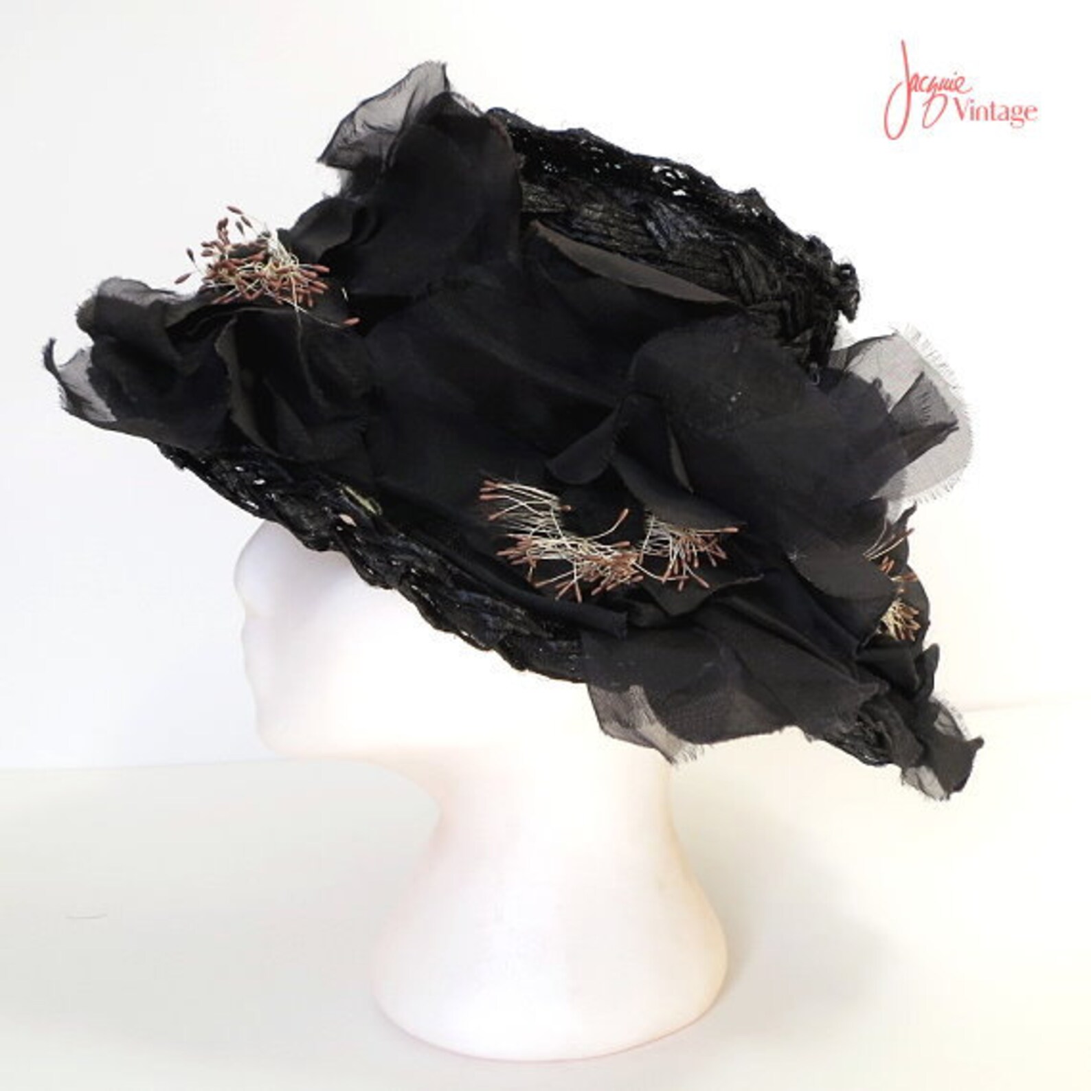 50s Hat / 50s Black Picture Hat / 50s Vintage Hat / Black Cello Straw ...