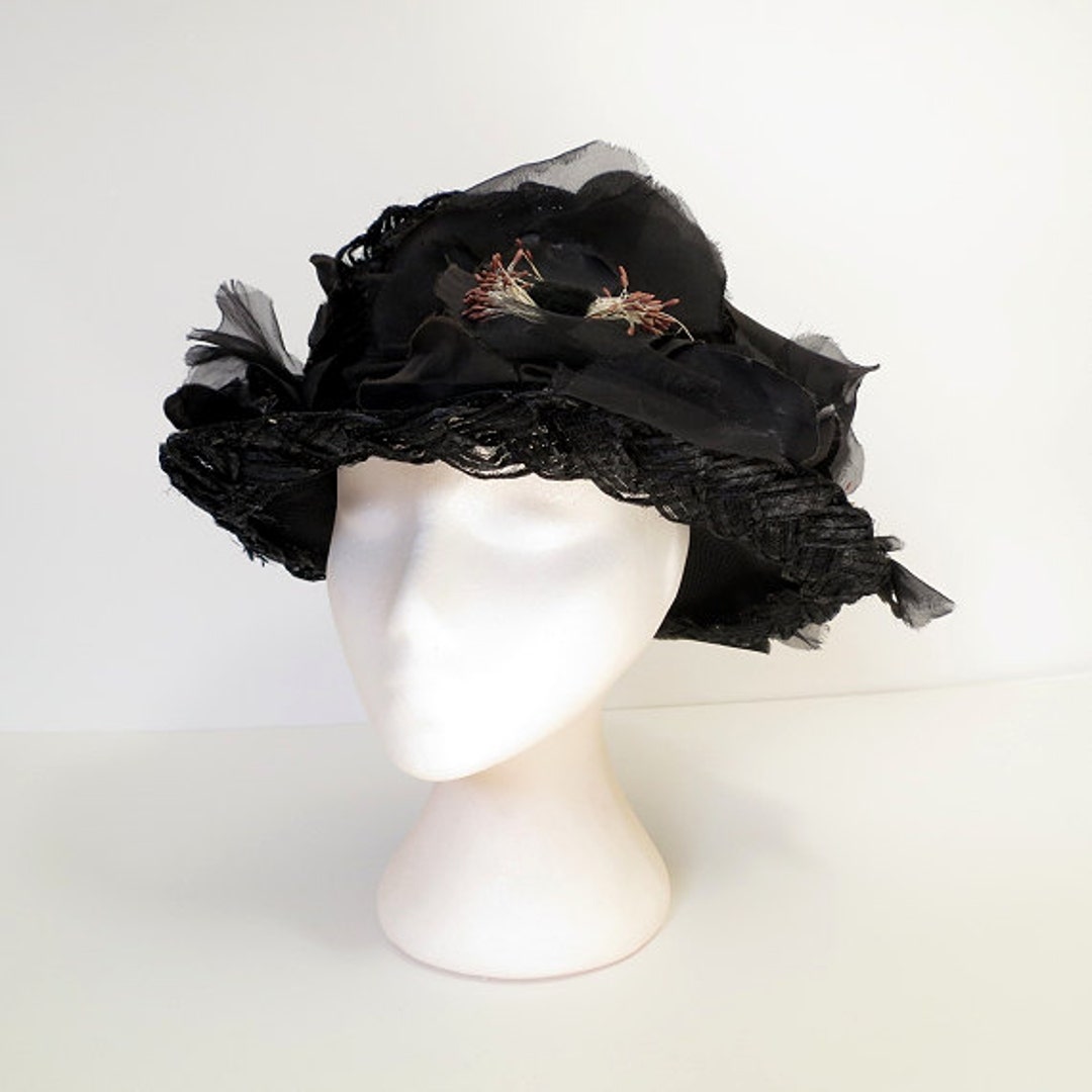 50s Hat / 50s Black Picture Hat / 50s Vintage Hat / Black Cello Straw ...