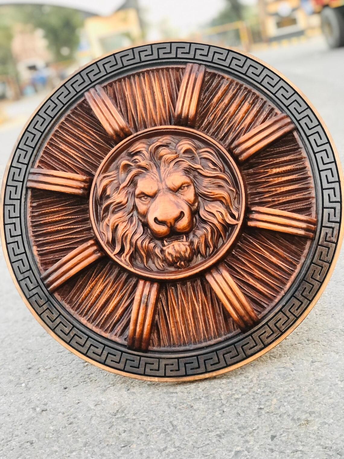 Handcrafted Wooden Lion Shield | Greek Spartan Warrior Decor ...