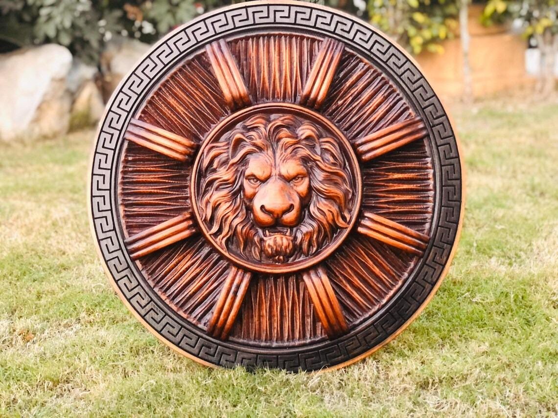 Handcrafted Wooden Lion Shield | Greek Spartan Warrior Decor ...