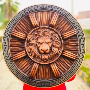 Handcrafted Wooden Lion Shield | Greek Spartan Warrior Decor ...