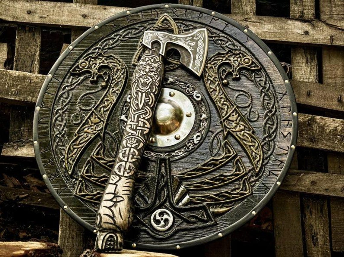 Custom Viking Shield & Axe Set, Handmade Viking Round Shield, Viking ...