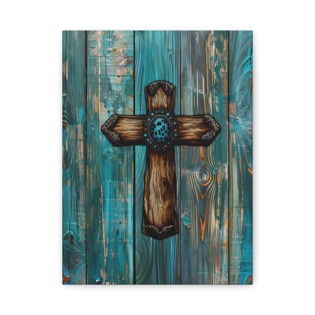 Rustic Cross Canvas Wall Art: Turquoise Country Home Decor - Etsy