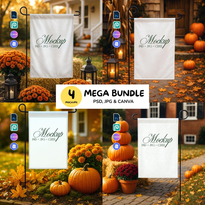 Fall Garden Flag Mockup Canva Bundle – 4 PSD & JPG Autumn Outdoor ...