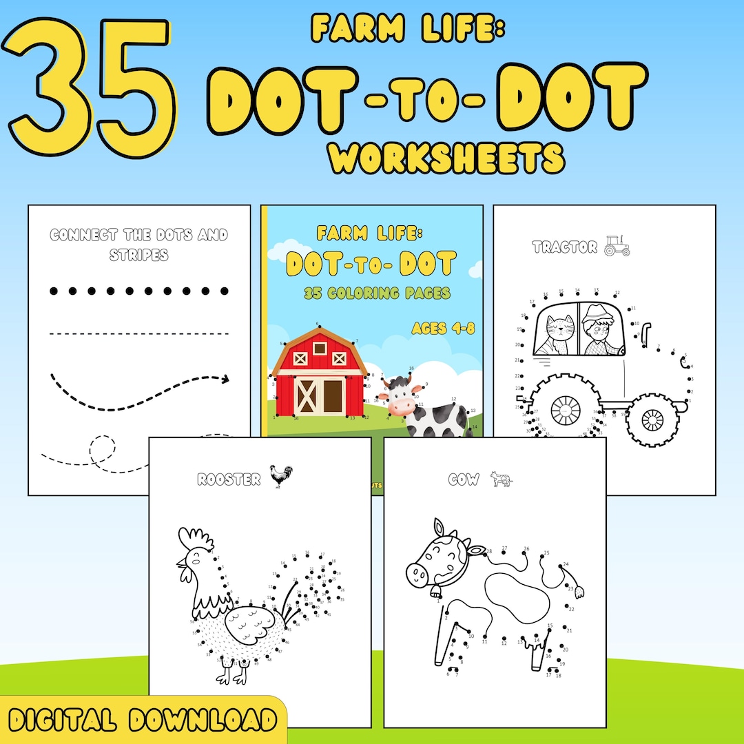 Farm Life Dot to Dot Worksheets for Kids (ages 4-8) | Printable Farm ...